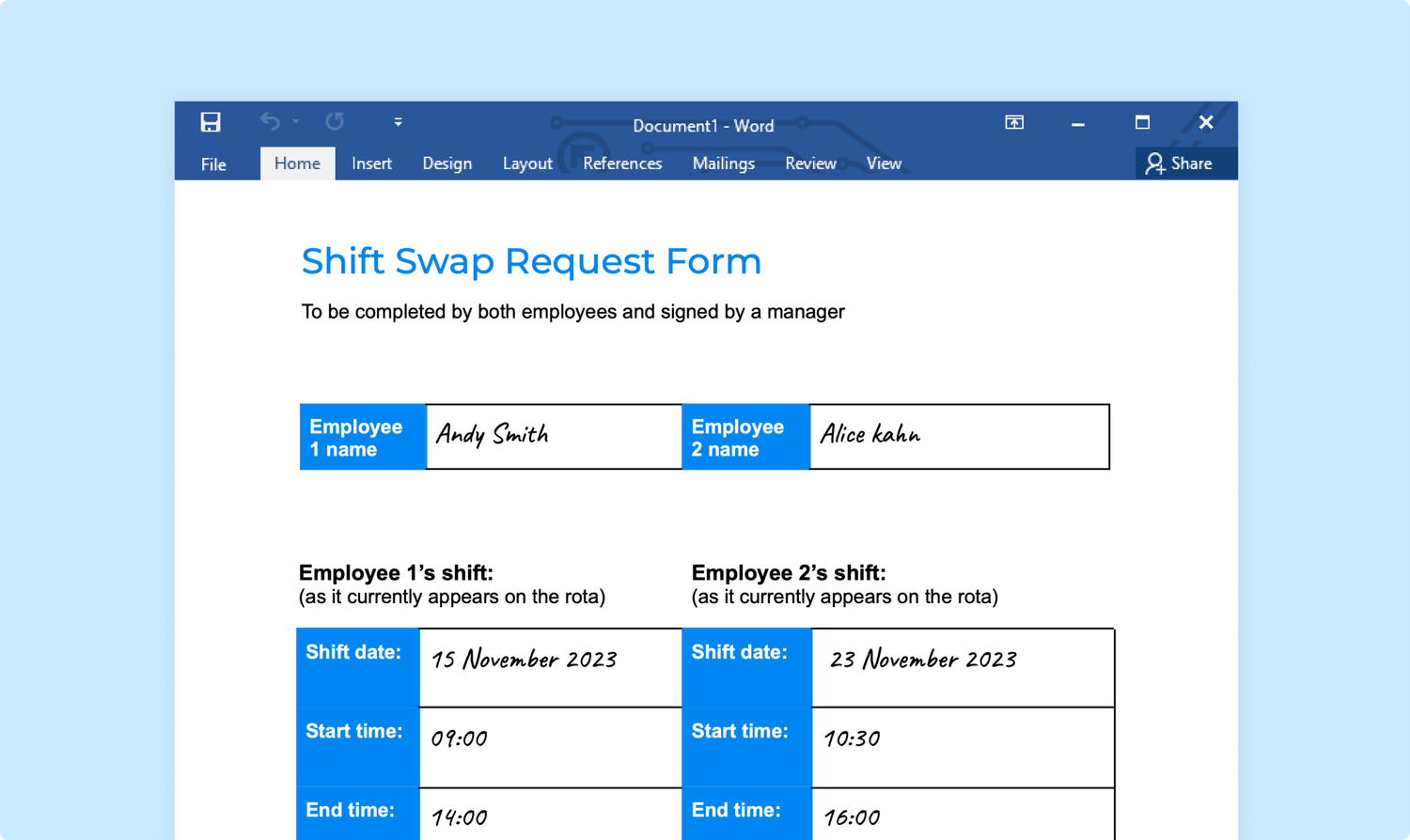 Free printable shift swap request form for businesses · RotaCloud